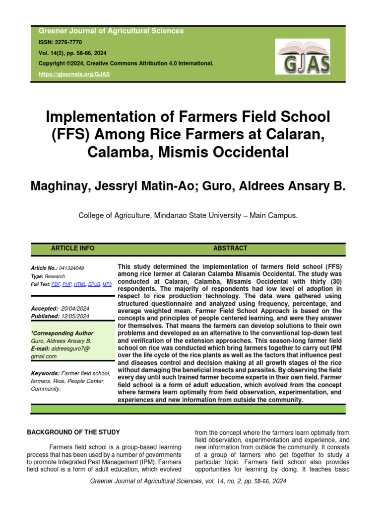 Implementation of Farmers Field School (FFS) Among Rice Farmers at Calaran, Calamba, Mismis ...