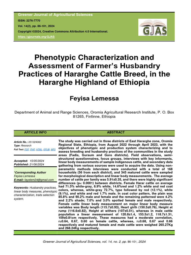 Phenotypic Characterization and Assessment of Farmer's Husbandry Practices of Hararghe Cattle ...