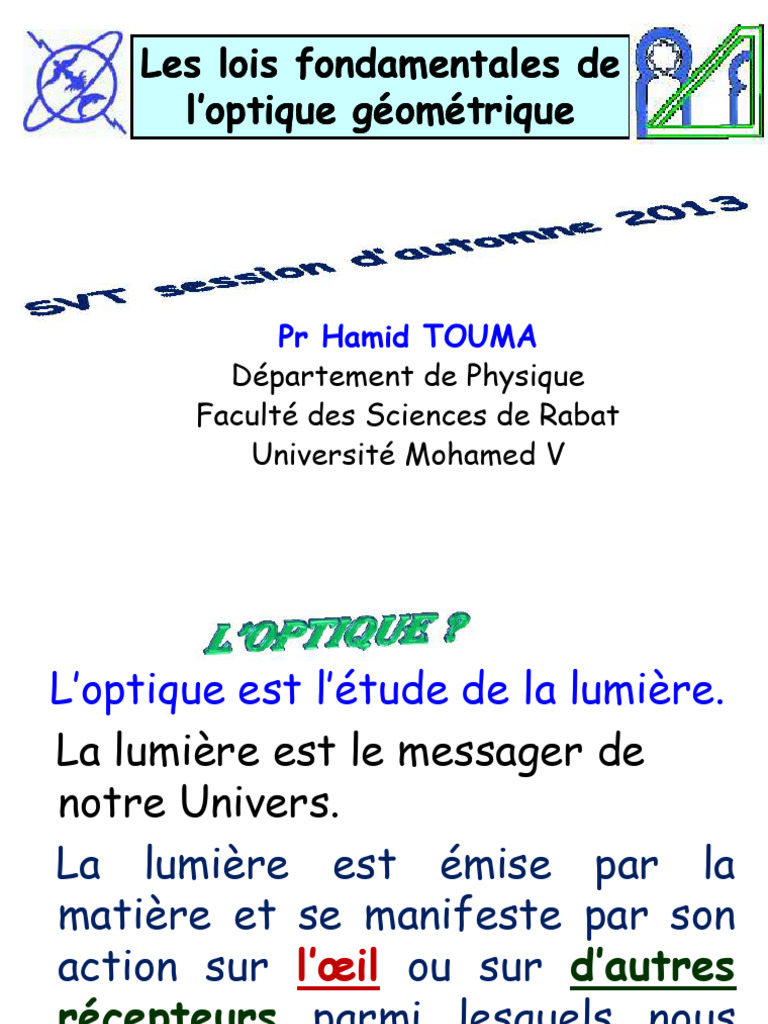 Cours 1 Opt Geo Lois Fondamentales Optique SVT | PDF | Lumière | Réfraction