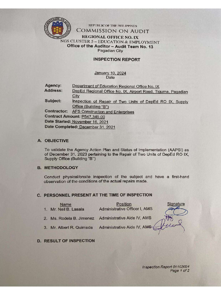 Inspection Report - AFS Construction and Enterprise | PDF