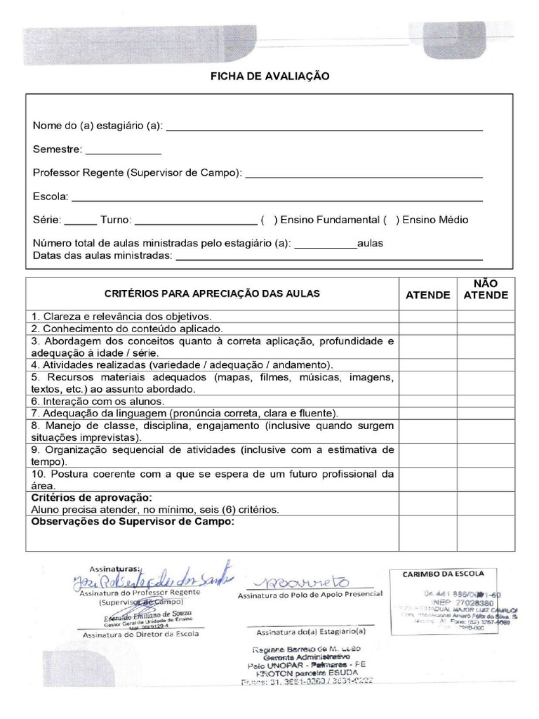 Ficha de Avaliação - Atualizada | PDF