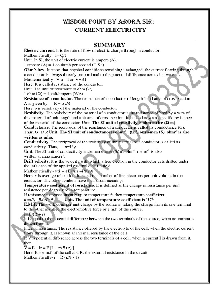 3 Current Electricity Short Notes Pdf Electrical Resistivity And