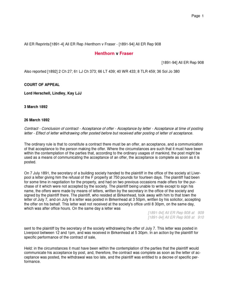 Henthorn V Fraser - 1891-94 - All ER Rep 908 | PDF | Judgment (Law ...