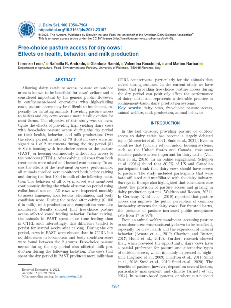 Free-Choice Pasture Access For Dry Cows: Effects On Health, Behavior, and Milk Production | PDF ...