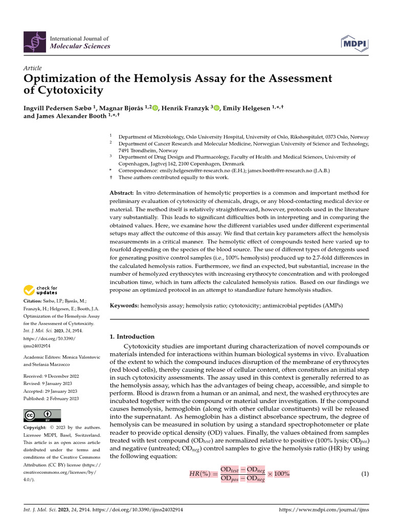Optimization of The Hemolysis Assay 2024 | PDF | Red Blood Cell | Assay