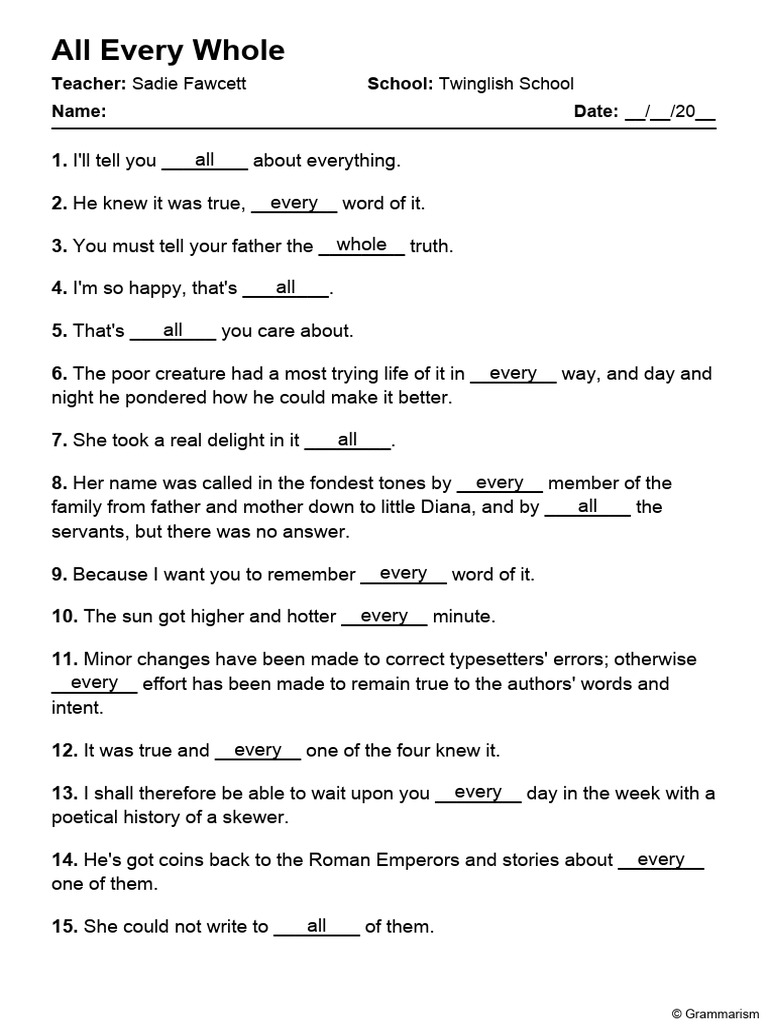 Grammarism All Every Whole Test 12 Solved | PDF | Language Arts ...