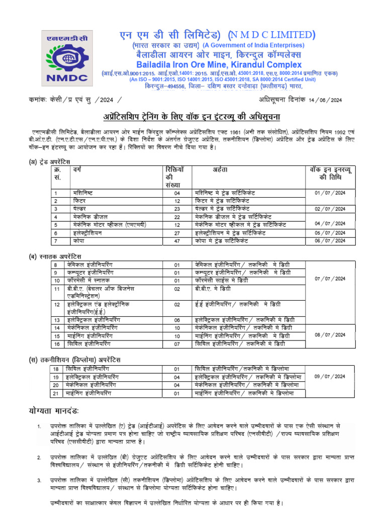 Kirandul Complex Apprenticeship Notification | PDF | Apprenticeship ...