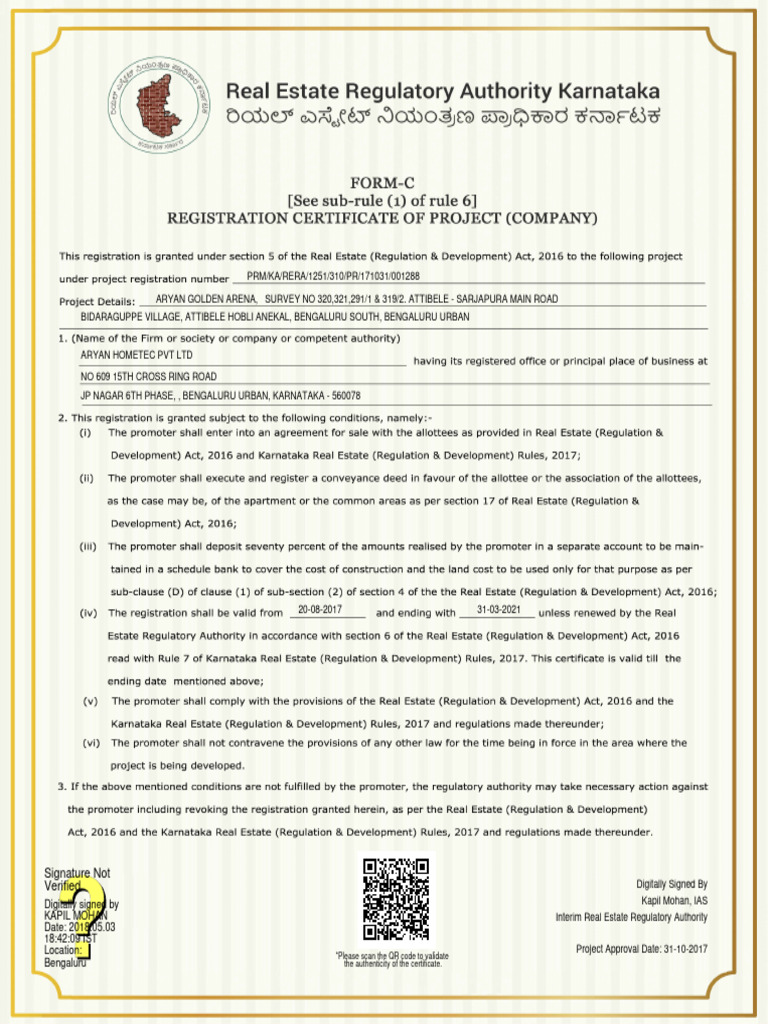Aryan Golden Arena RERA Certificate | PDF