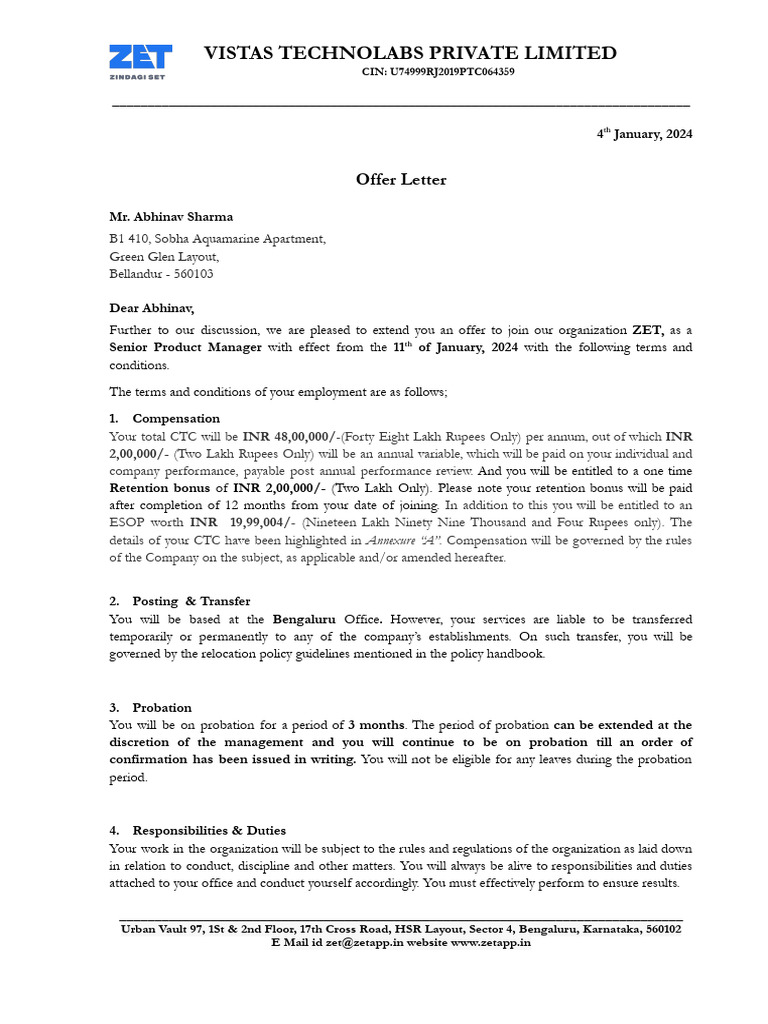 Abhinav Sharma - Offer Letter - ZET | PDF | Trade Secret | Employment