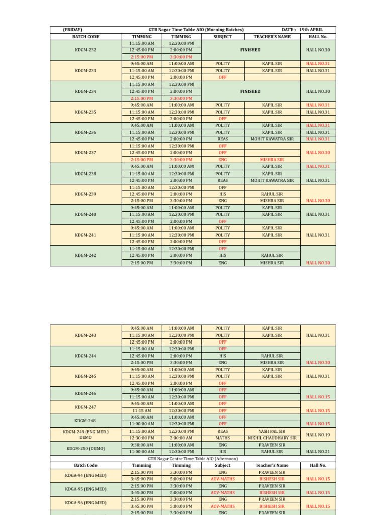 19-Apr-24 GTB GTB Nagar Time Table | PDF | Home & Garden