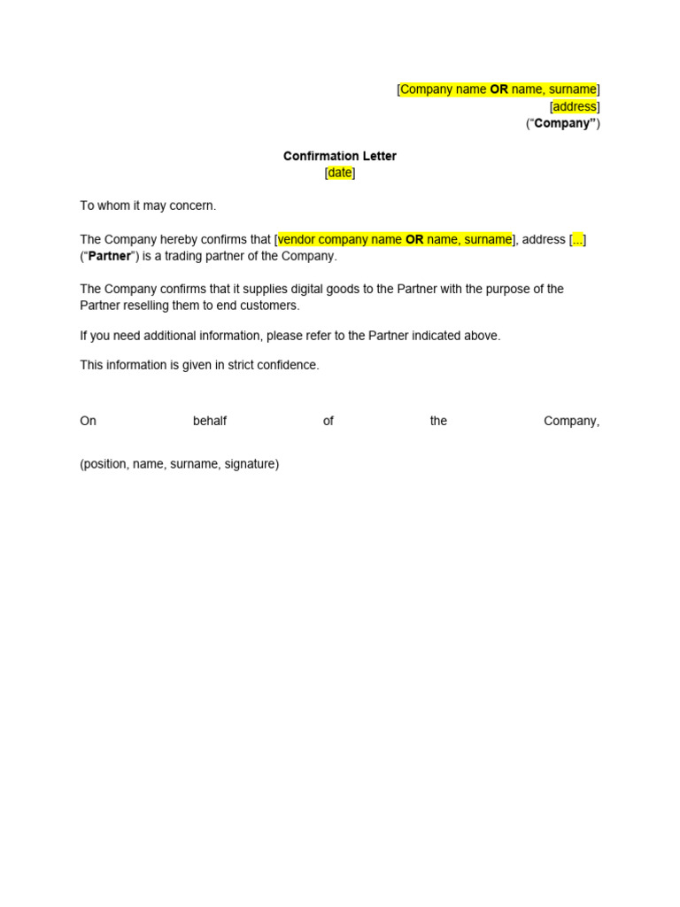 Trading Partner Confirmation Letter | PDF