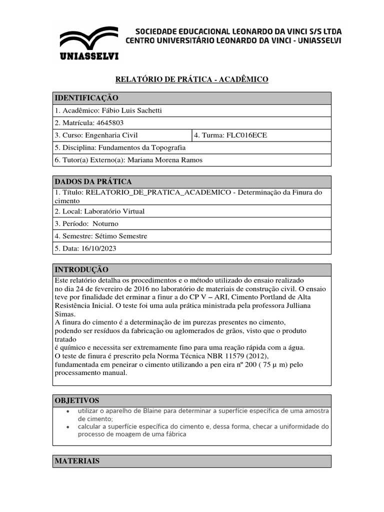 Determinação Da Finura Do Cimento - Uniasselvi | PDF | Cimento