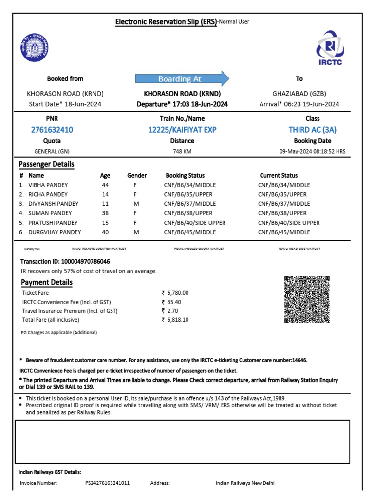 Electronic Reservation Slip for Train Travel | PDF | Identity Document