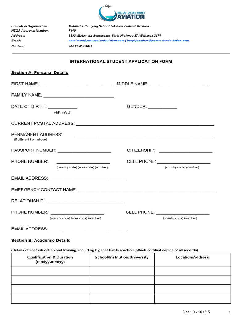 International Student Application Form Pdf International English