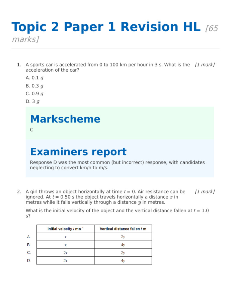 Topic_2_Paper_1_Revision_HL Solutions | PDF | Force | Velocity