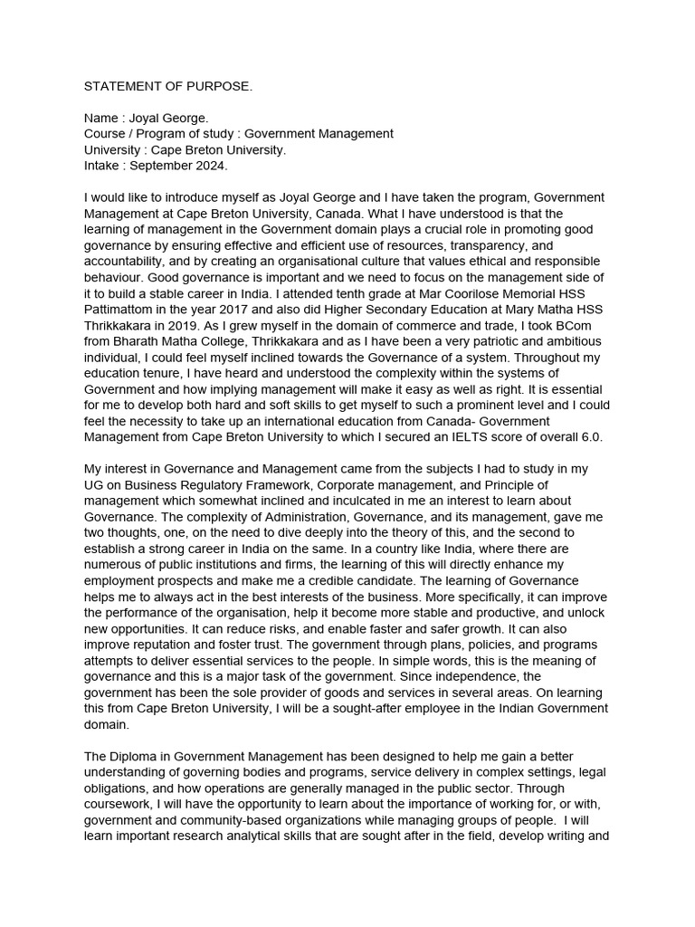 Statement of Purpose[1] | Download Free PDF | Governance | University