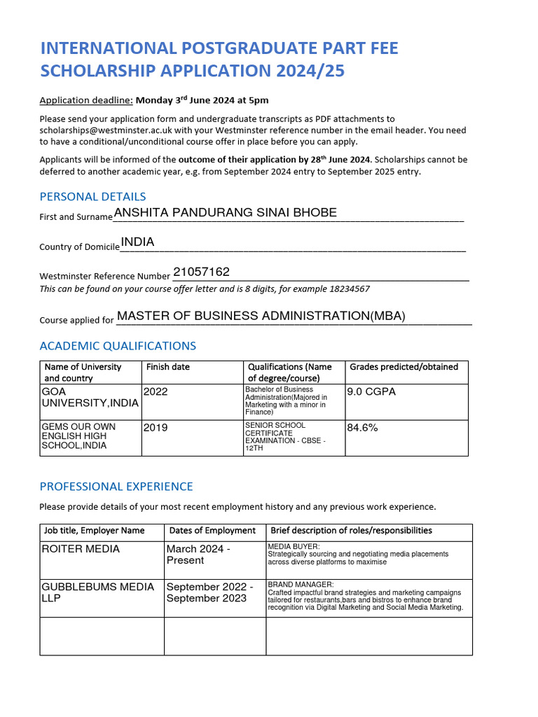 INT Postgraduate Part Fee Application Form 2024 | PDF | Postgraduate ...