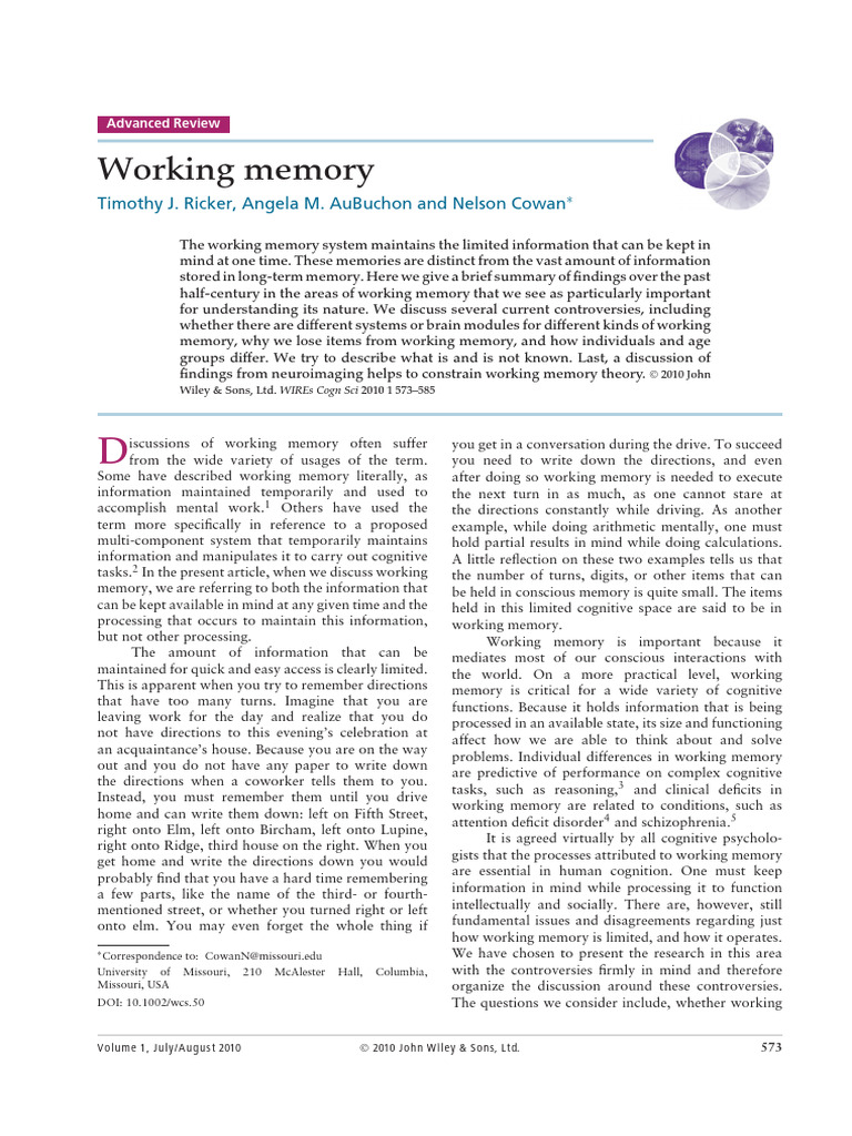 Ricker Aubuchon Cowan WIReCS 2010 WM Review | PDF | Working Memory | Memory