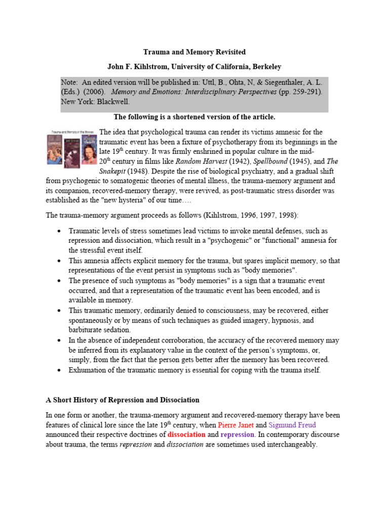 Kihlstrom - Trauma and Memory Revisited | Download Free PDF | Sigmund Freud | Dissociation ...