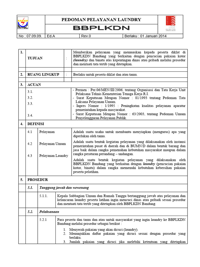 9 SOP Pedoman Pelayanan Laundry | PDF
