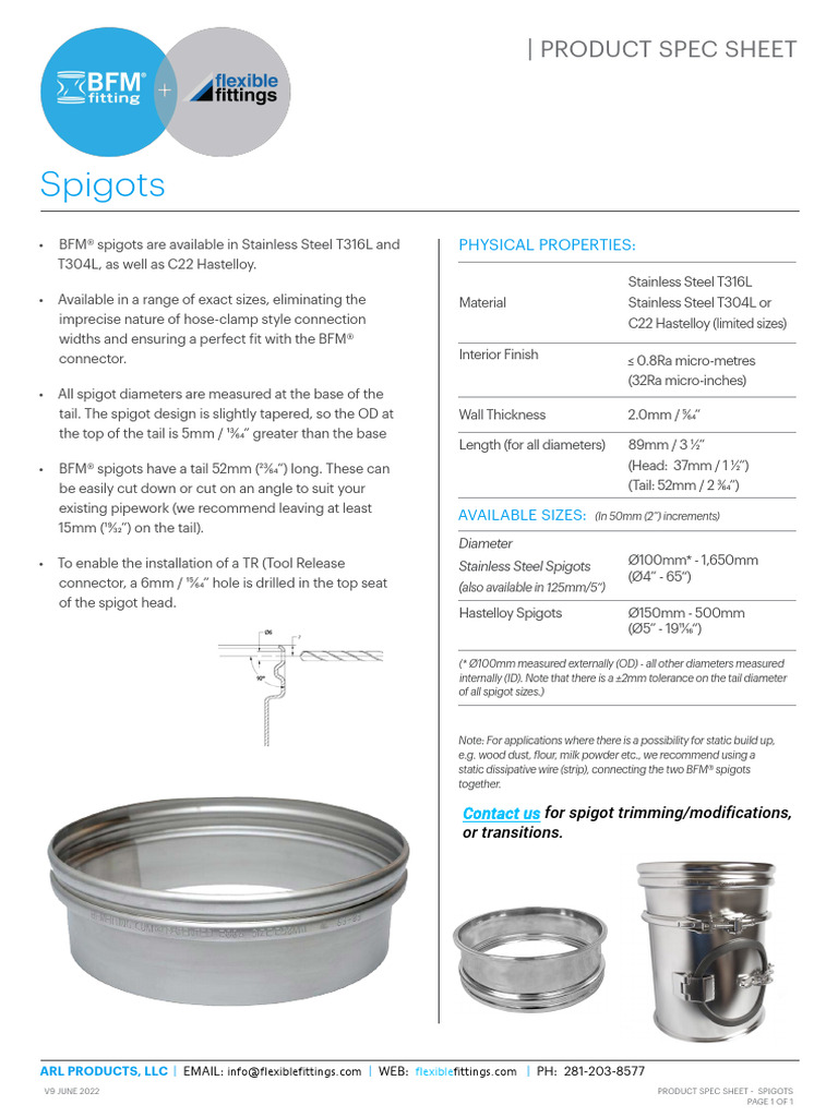 BFM Spigot Spec Sheet 2 | PDF | Tap (Valve)