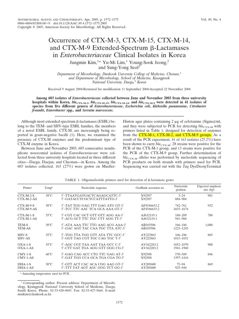 Occurrence of CTX-M-3, CTX-M-15, CTX-M-14, and CTX-M-9 Extended-Spectrum - Lactamases in ...