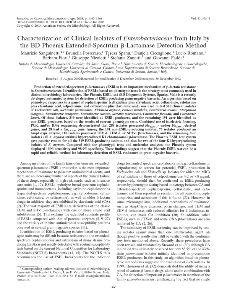 Characterization of Clinical Isolates of Enterobacteriaceae From Italy ...