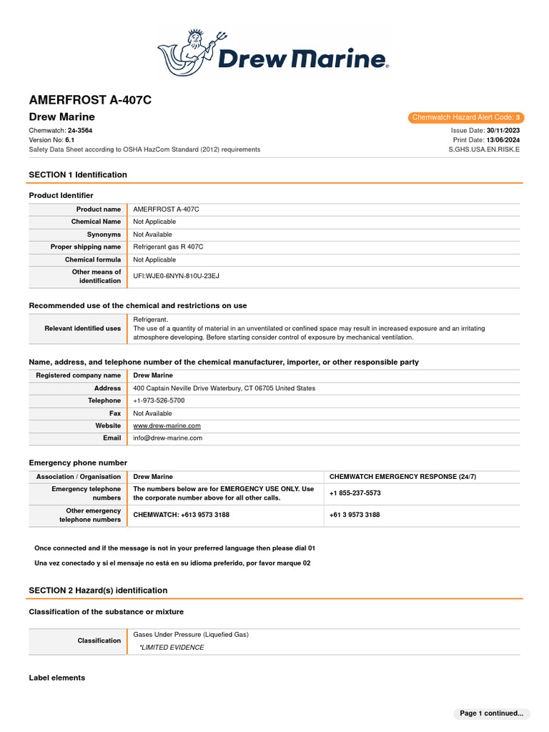 Drew Amerfrost A-407C MSDS | PDF | Firefighting | Carbon Dioxide