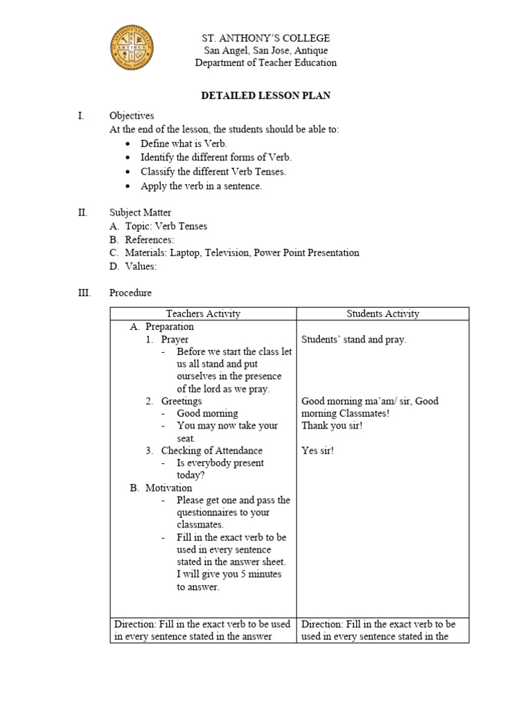 DETAILED LESSON PLAN | Download Free PDF | Verb | Grammatical Tense