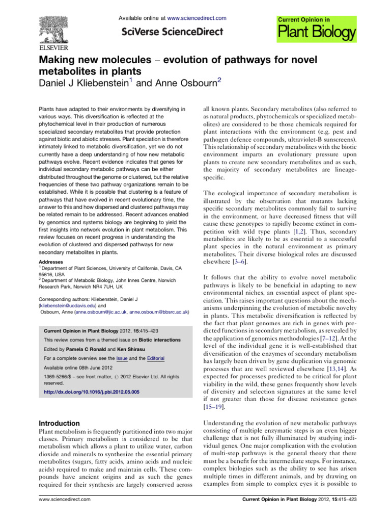 Evolution of Plant Metabolic Pathways | PDF | Evolution | Metabolism