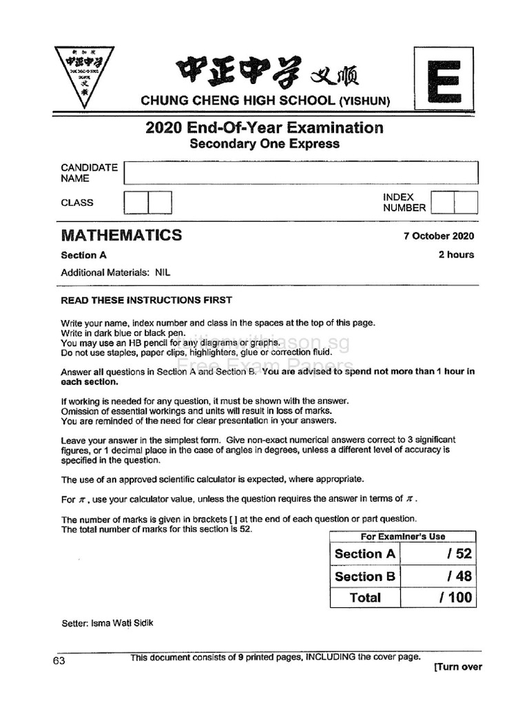 Math - Sec 1 - SA2 - 2020 - Chung Cheng Yishun | PDF