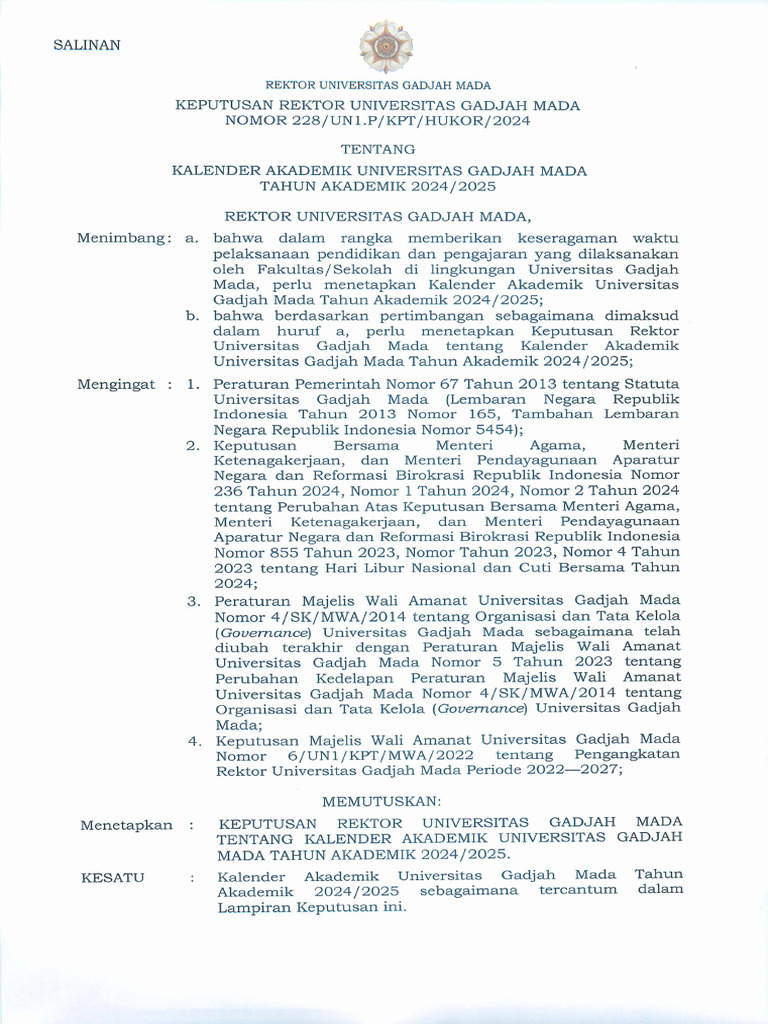 228-2024 Salinan Kalender Akademik Ugm 2024 | PDF