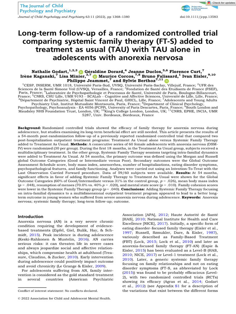 Child Psychology Psychiatry - 2022 - Godart - Long Term Follow Up of A Randomized Controlled ...