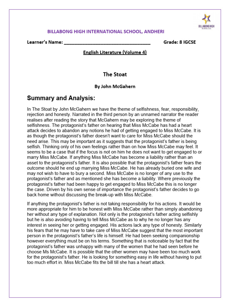 The Stoat: Learner's Name: - Grade: 8 IGCSE English Literature (Volume ...