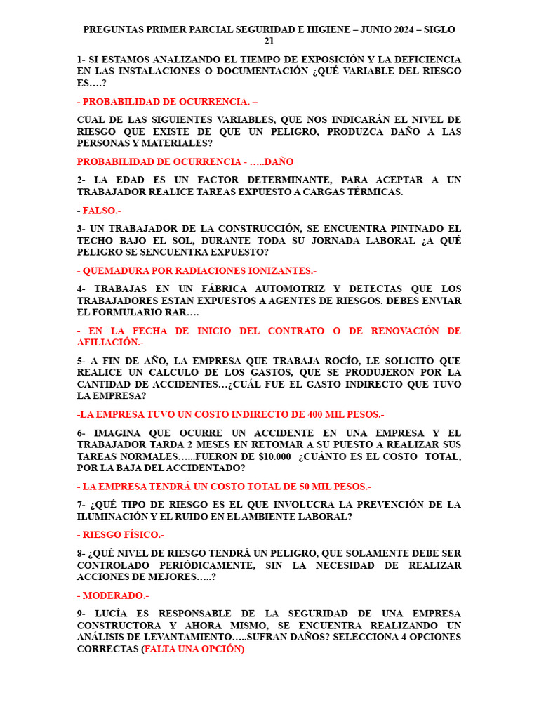 Actualizado Preguntas Primer Parcial Seg. e Hig (1) (1) - 1 | PDF | Riesgo | Business
