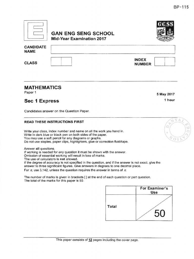 Sec 1 Math Gan Eng Seng SA1 2017 | PDF | Mathematics | Arithmetic