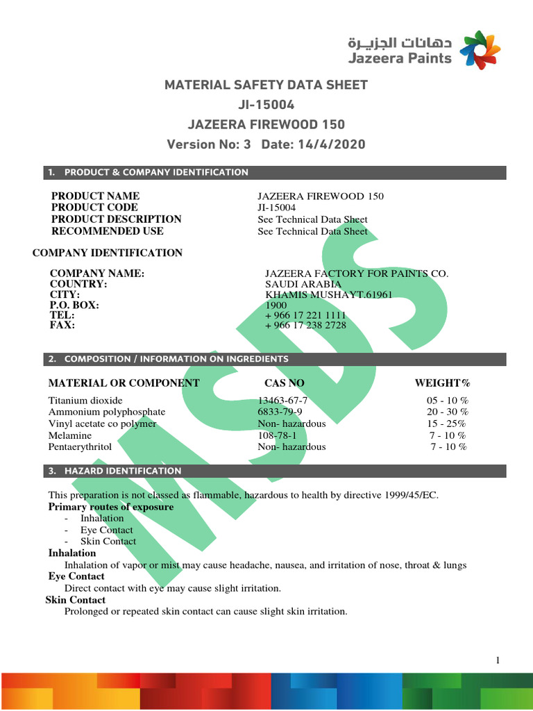Jazeera Firewood 150 MSDS Document | PDF | Personal Protective ...