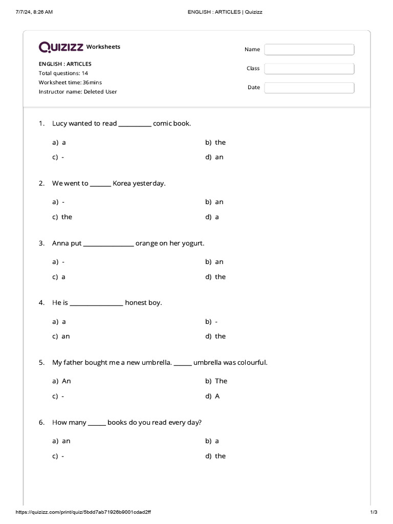 ENGLISH - ARTICLES - Quizizz | PDF
