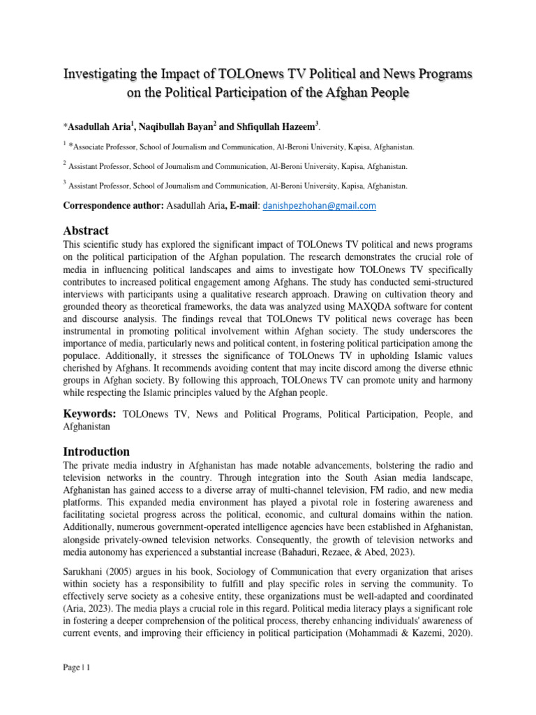 TOLOnews TV's Role in Afghan Politics | PDF | Methodology | Qualitative ...
