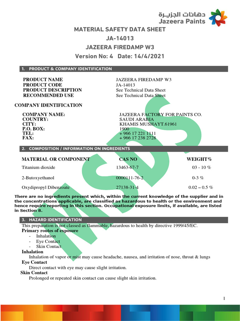 JAZEERA Firedamp W3 - MSDS | PDF | Personal Protective Equipment | Safety