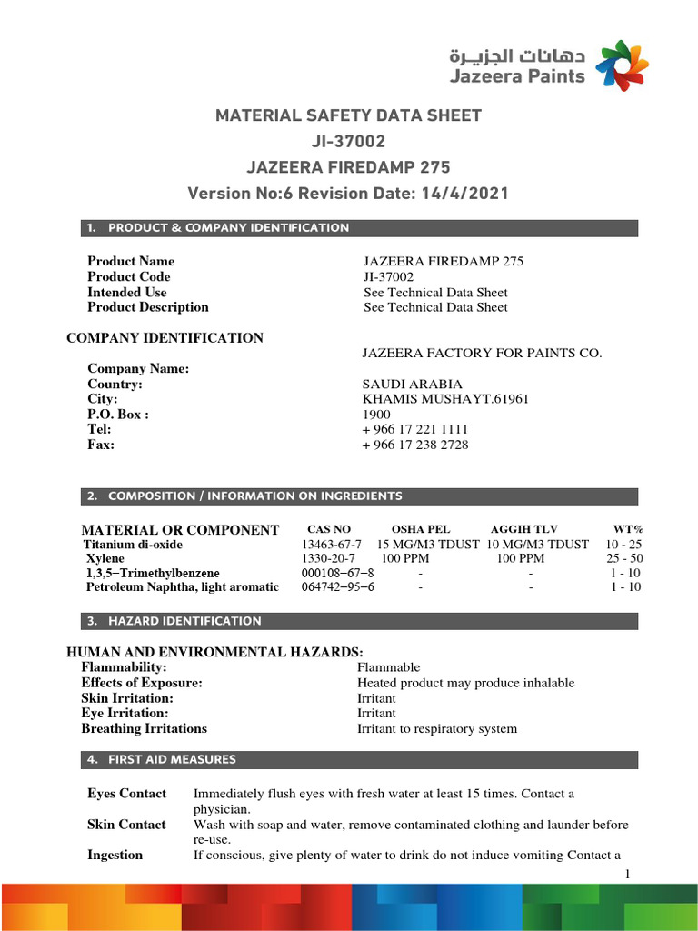 Jazeera Firedamp 275-MSDS | PDF | Volatile Organic Compound | Combustion