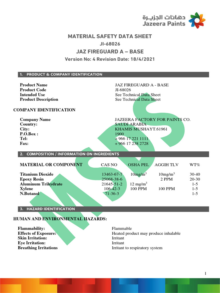 Jaz Fireguard A-Base-Msds | PDF | Dangerous Goods | Safety