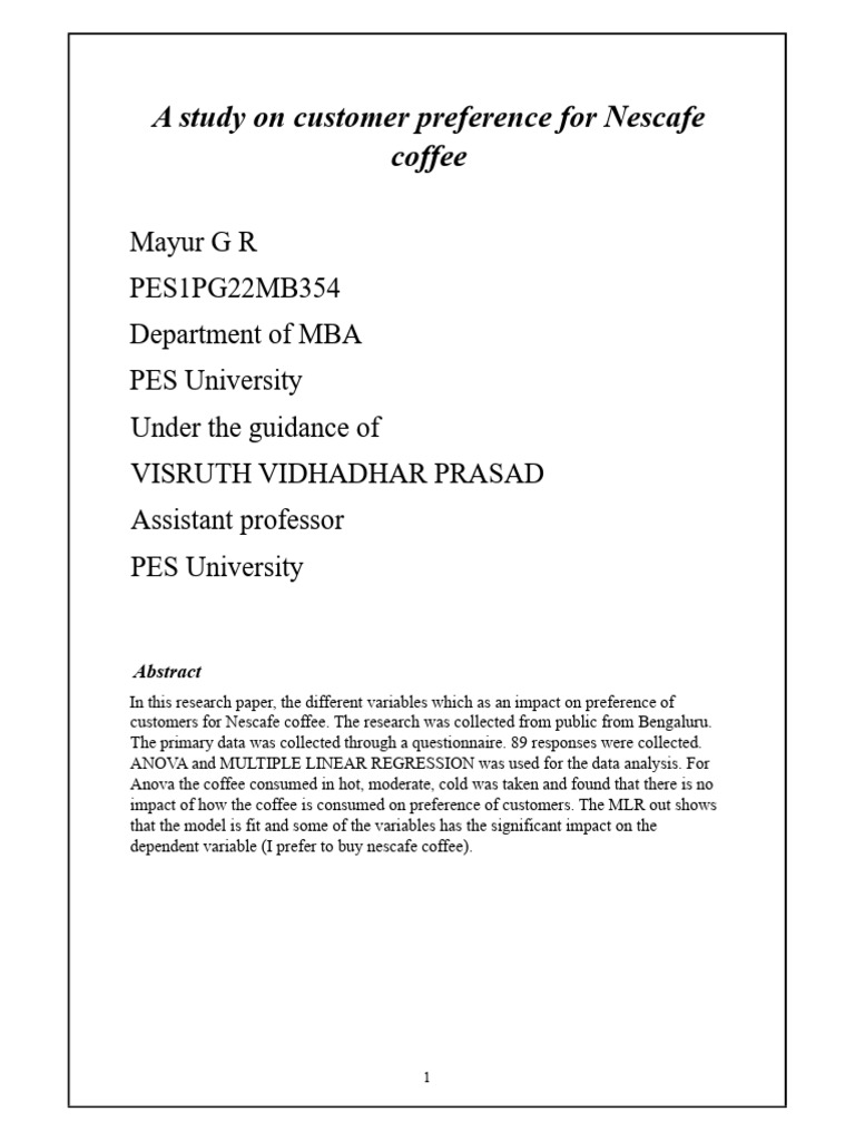 A Study On Customer Preference For Nescafe Coffee | PDF | Brand | Coffee