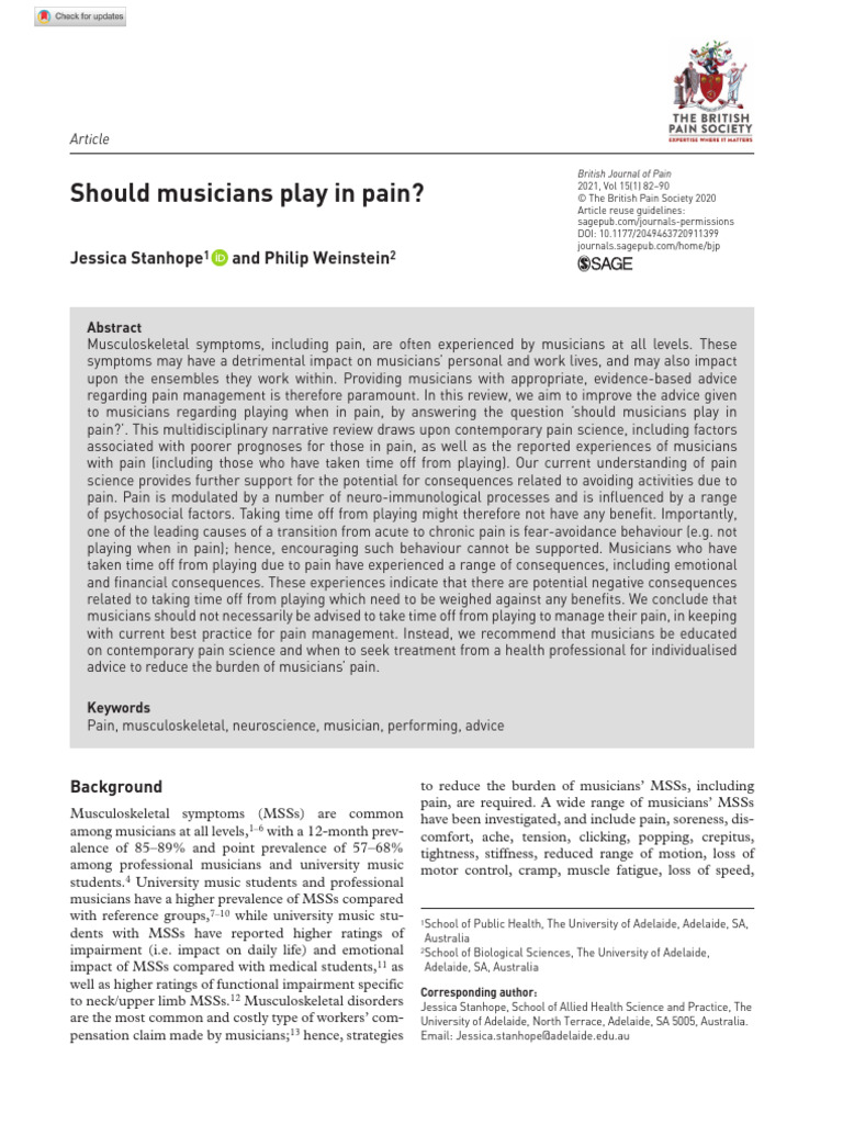 Stanhope Weinstein 2020 Should Musicians Play in Pain | PDF | Pain | Peripheral Neuropathy