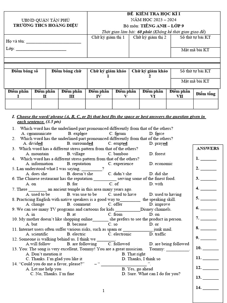 9AV-ĐỀ KIỂM TRA HK1-NH23-24 | PDF | English Language | Internet