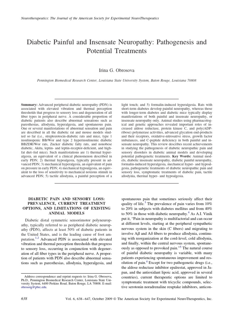 Diabetic Painful and Insensate Neuropathy Pathogenesis and Potential ...