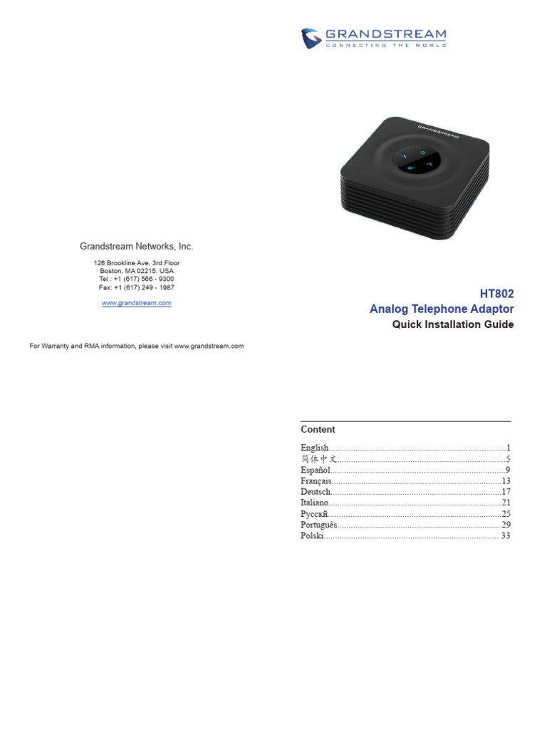 Grandstream HT802 - Quick - Installation - Guide | PDF | Voice Over Ip | Computer Network