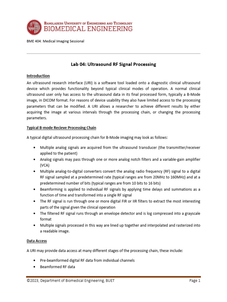 BME404 Lab 04 July 2023 | PDF | Medical Ultrasound | Computer Engineering