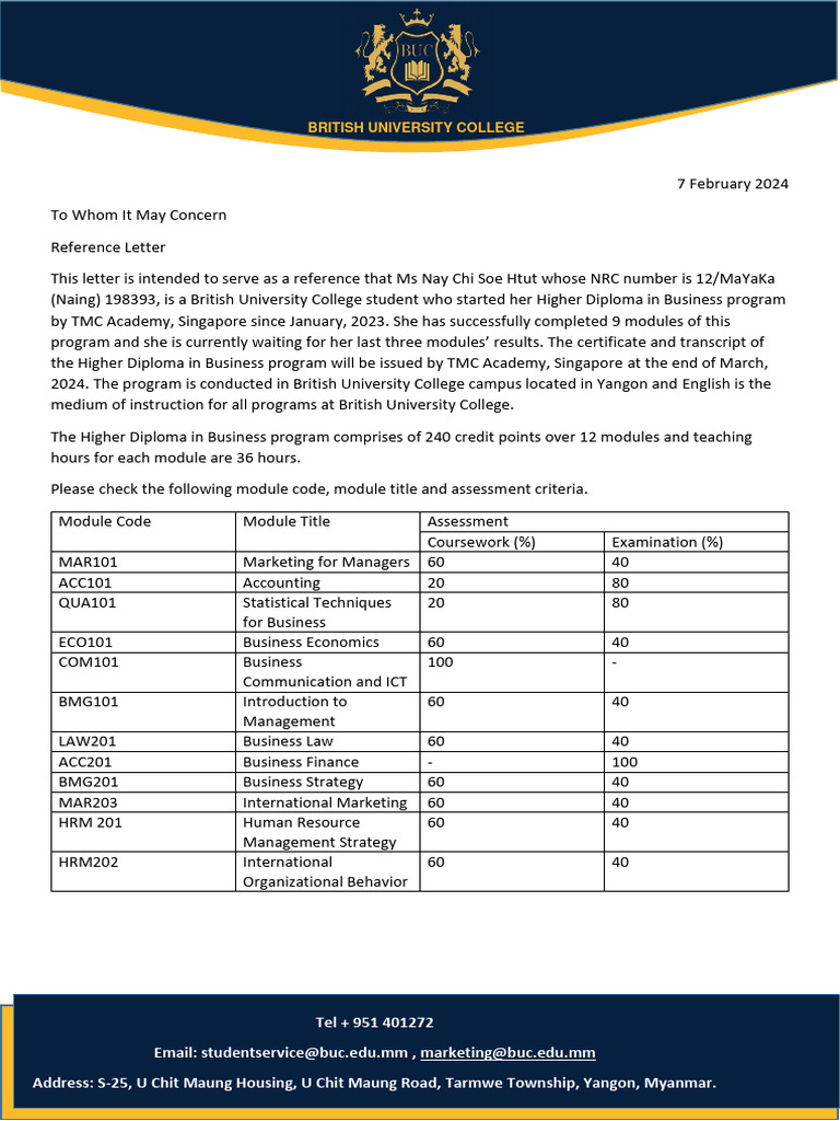 Reference Letter For Nay Chi Soe Htut (To Apply Bachelor Program) | PDF ...