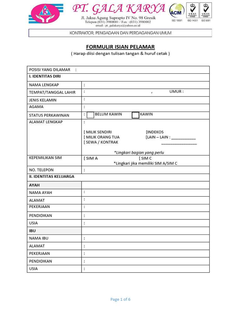 Formulir Isian Pelamar GK | PDF